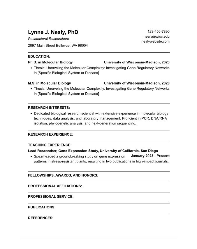 Postdoctoral CV Template ResearchTweet Tools